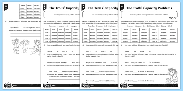 The Trolls\' Capacity Problems Differentiated Worksheet / Worksheets