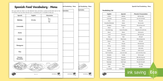 Spanish Food Vocabulary Menu (teacher made)