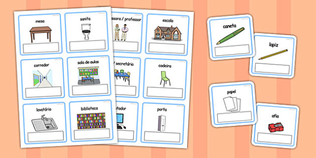 EAL Everyday Objects at School Editable Cards with English Portuguese