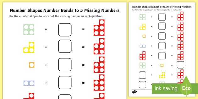 👉 Number Shapes Number Bonds to 5 Missing Numbers Activity
