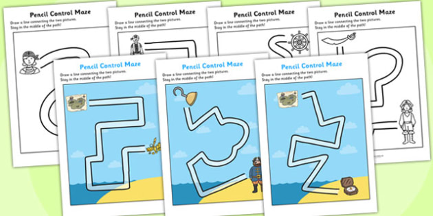 Pirate Themed Pencil Control Maze Worksheets - pirate, theme, pencil
