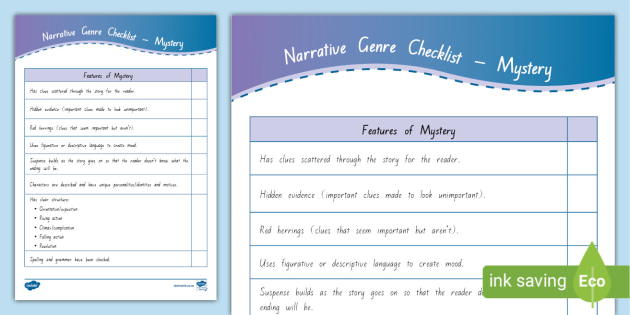 Narrative Genres Writing Checklist - Mystery (teacher made)