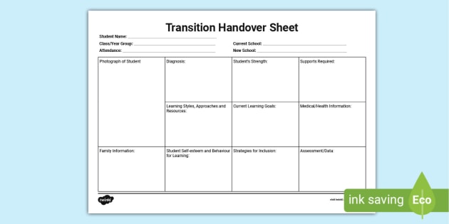 Transition Handover Sheet: Inclusive Education