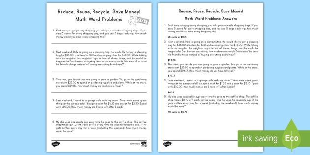 K-2 Reduce, Reuse, Recycle, Save Money! Math Word Problems