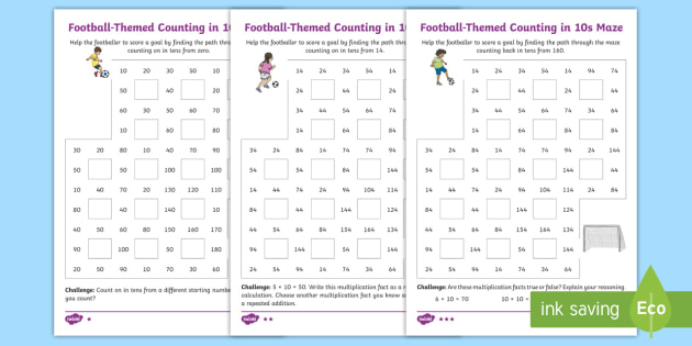 Football Themed Counting in 10s Maze Differentiated Worksheets