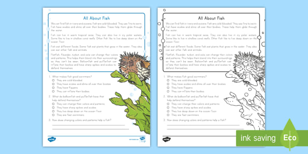 Second Grade All About Fish Reading Passage Comprehension Activityy
