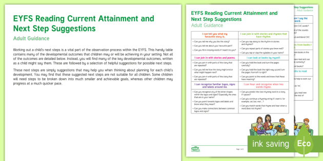 EYFS Reading Current Attainment and Next Step Suggestions Adult Guidance