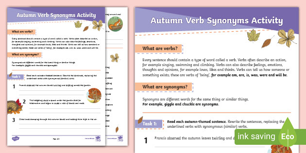 Verbs Synonyms Autumn Activity Sheets (Teacher-Made)