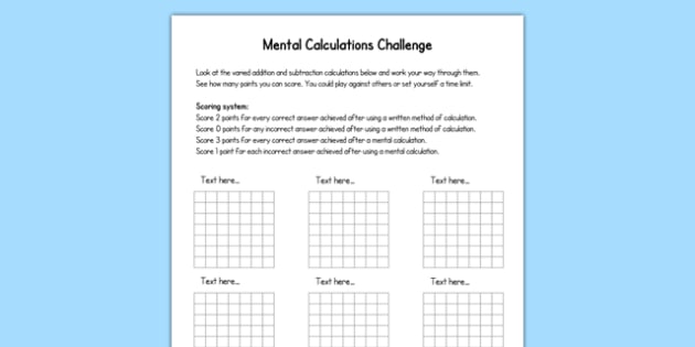 Mental Calculations Challenge Editable Template