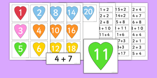 Calculations to 20 Matching Activity Hearts (teacher made)