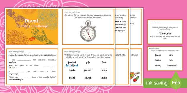 3-4 Diwali Literacy Challenge Cards (teacher made)