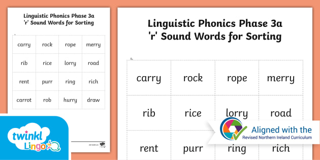 Northern Ireland Linguistic Phonics 3a 'r' Sound Words for Sorting Sheet
