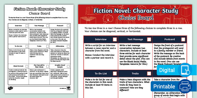 Fiction Novel: Character Study Choice Board - Volume 1