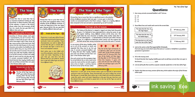 UKS2 The Year of the Tiger Reading Comprehension Activity