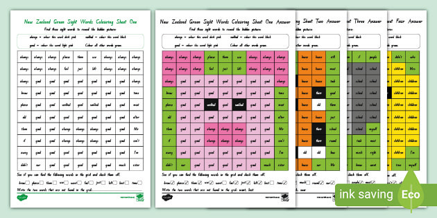 New Zealand Green Sight Words Mosaic Colouring Sheets