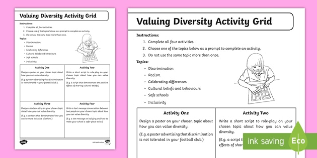 Valuing Diversity Activity Grid Worksheet (teacher made)