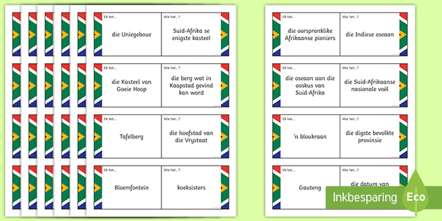 FREE! - Trots Suid-Afrikaans Vrae Kaartjies (teacher made)