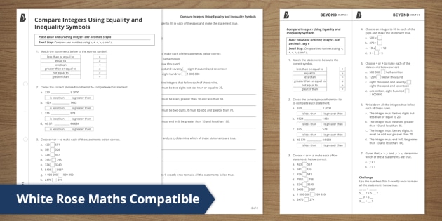 Inequality Math Worksheets Compare Integers Using Equality And