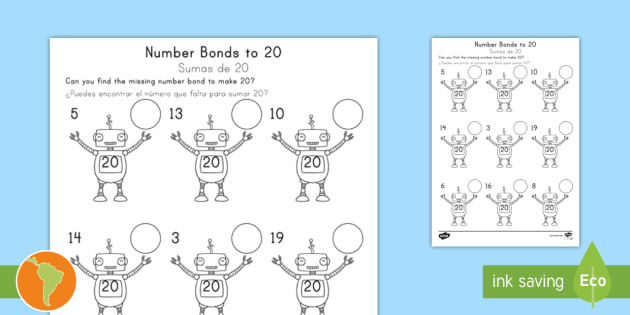 Number Bonds to 20 on Robots Worksheet / Worksheet English/Spanish - Number