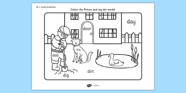 Word Initial d Production Colouring Scene - ESL Letter D Pronunciation