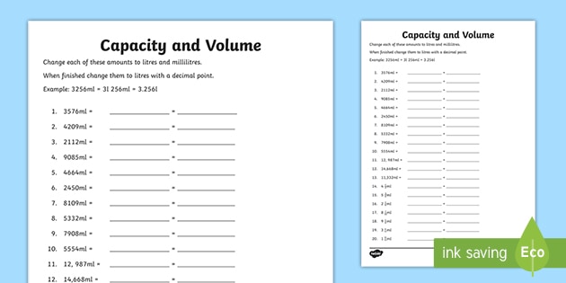 Capacity and Volume - Changing Amounts to Litres and Millilitres