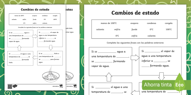Hoja De Trabajo Sobre Los Estados De La Materia En La Escuela Secundaria