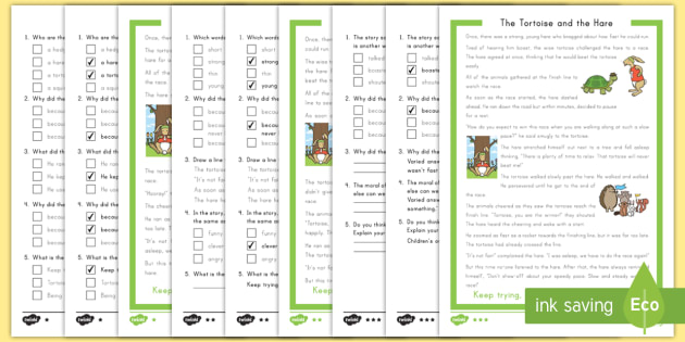 The Tortoise and the Hare Reading Comprehension Differentiated Worksheet