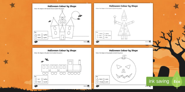 Halloween Themed 2D Colour In Shapes Worksheet