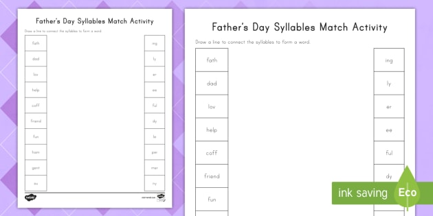 * NEW * Father's Day Syllables Matching Worksheet - Adjectives, Phonemes