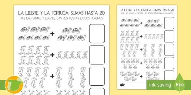 Ficha de actividad: Sumar hasta 20 - La liebre y la tortuga
