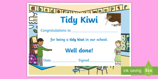 Tidy Kiwi Certificate (teacher made)
