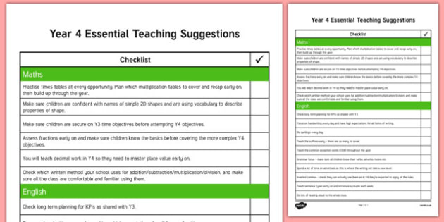 Year 4 Essential Teaching / Learning Checklist Resource