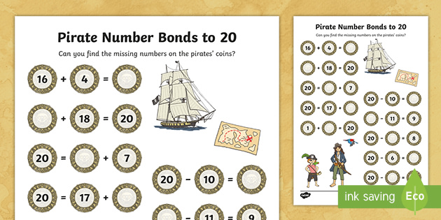 Pirate-Themed Number Bonds to 20 Worksheet (teacher made)