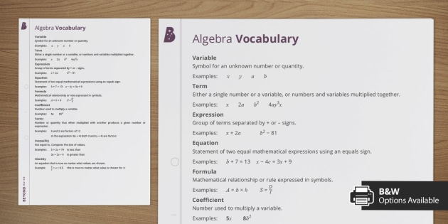 Algebra Vocabulary Glossary - Beyond Secondary - Maths