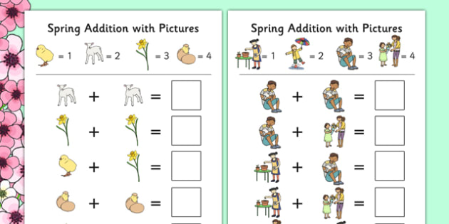 Spring Themed Addition with Pictures Worksheet / Worksheet Pack