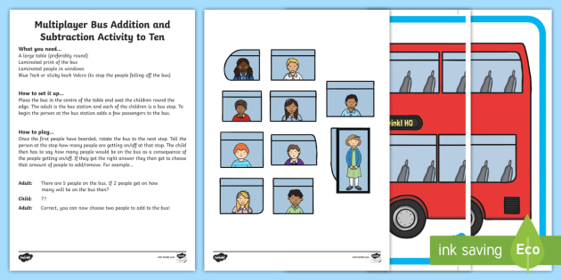 Multiplayer Bus Addition and Subtraction Activity to Ten - add