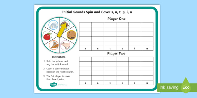 Initial Sounds Spin and Cover 's, a, t, p, i, n' Board Game