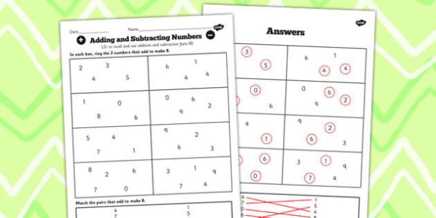 Number Facts to 20 Find Pairs to 8 Worksheet (teacher made)
