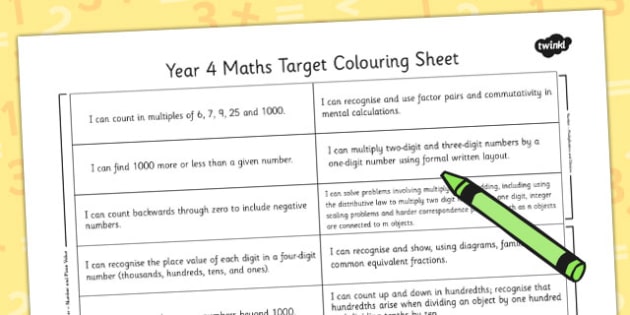 2014 National Curriculum Year 4 Maths Target Colouring Sheet - numeracy
