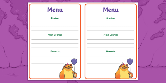 A Monster Surprise: Monster Party Menu Writing Frames