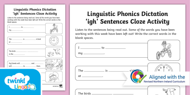 Linguistic Phonics Phase 2 'igh' Dictation Sentences Cloze
