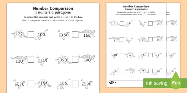 Dinosaur Themed Number Comparison Worksheet / Worksheets English/Italian