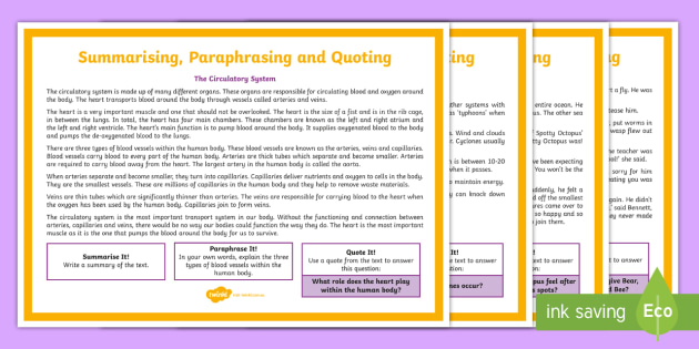 Summarising, Paraphrasing and Quoting Task Cards Summarising, Paraphrasing and Quoting Task Cards