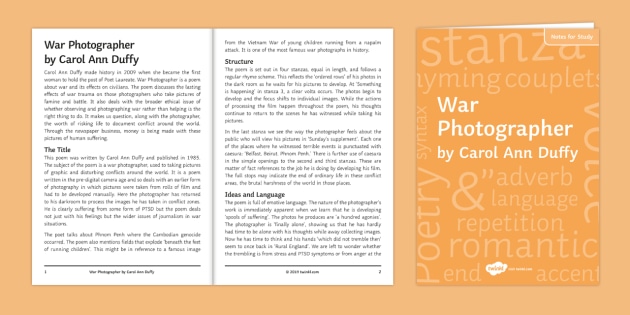 GCSE Poetry Notes for Study - War Photographer