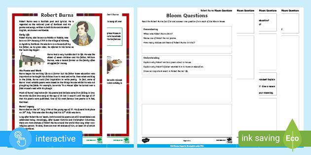 Robert Burns Bloom Questions Reading Worksheet / Worksheet
