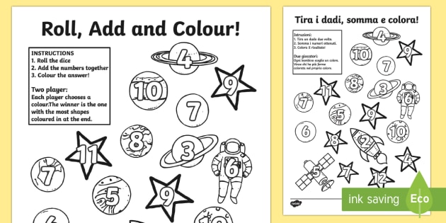 Space Roll and Colour Dice Addition Activity English/Italian - Space ...