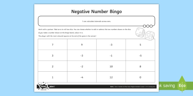 Negative Number Bingo Worksheet / Worksheet
