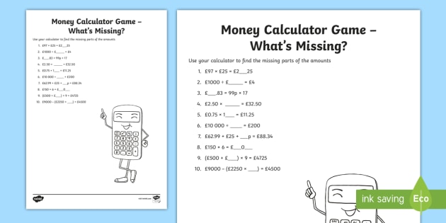 Money Calculator Game What's Missing Activity