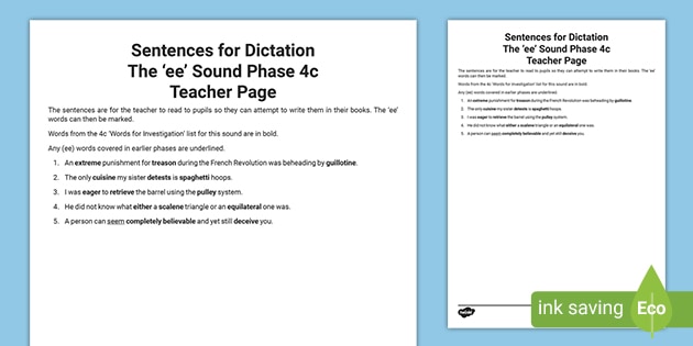 ee Phonics Sentences Dictation Activity - Primary Resources