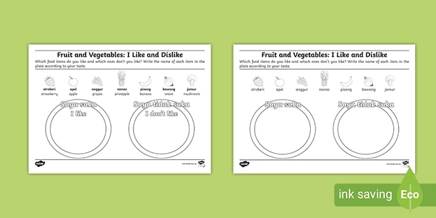 Fruit and Vegetables I Like and Dislike Worksheet Indonesian